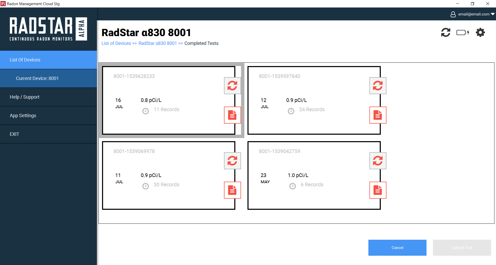 Completed Tests - RadStar Alpha Radon Monitor - Radon Management Cloud
