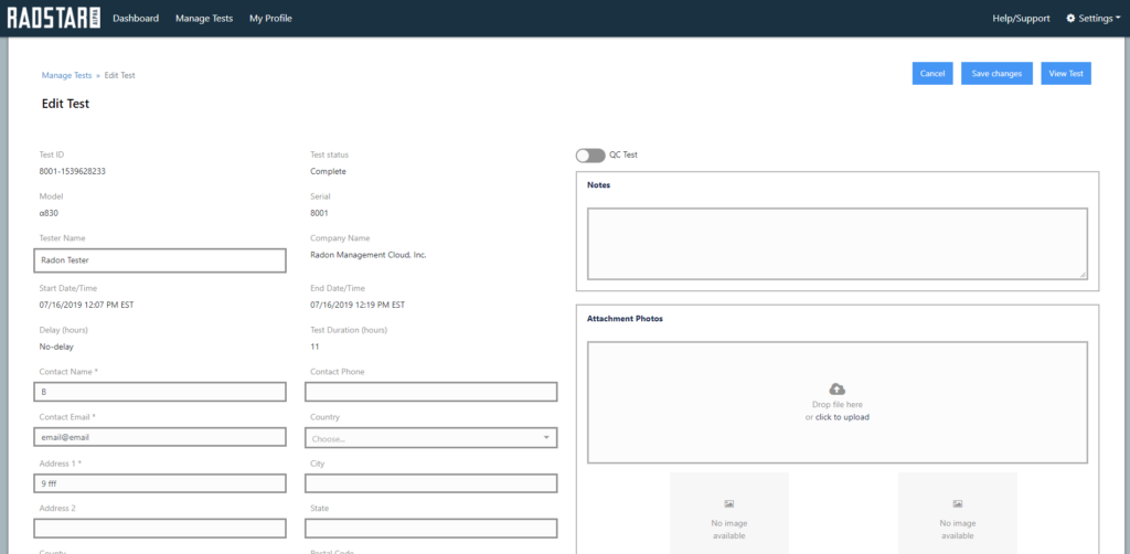 Manage Tests - RadStar Alpha Radon Monitor - Radon Management Cloud