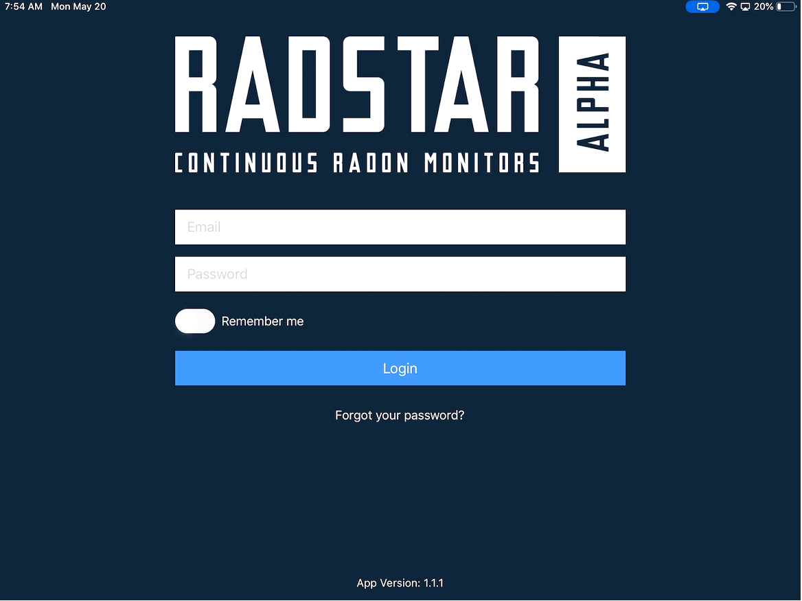 Login and Main Menu - RadStar Alpha Radon Monitor - Radon Management Cloud
