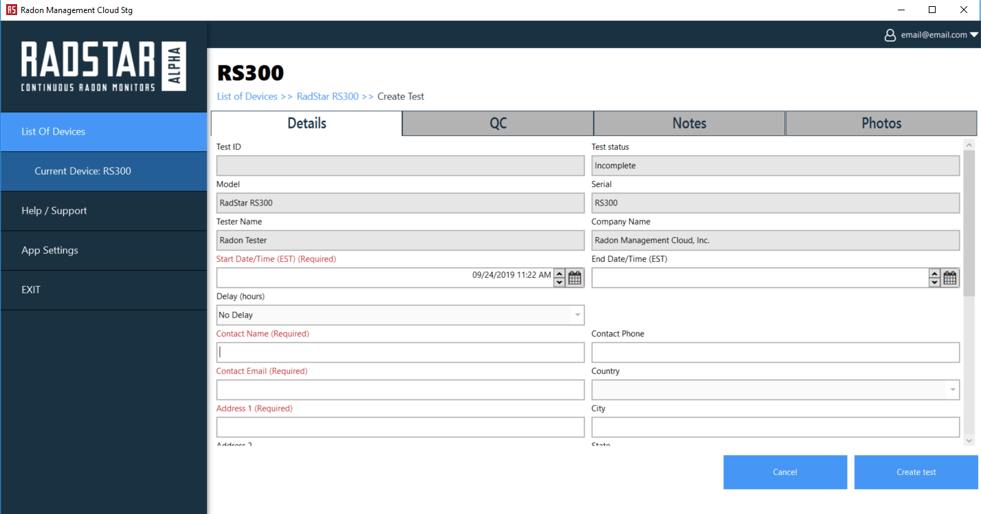 Create Test - RadStar Alpha Radon Monitor - Radon Management Cloud