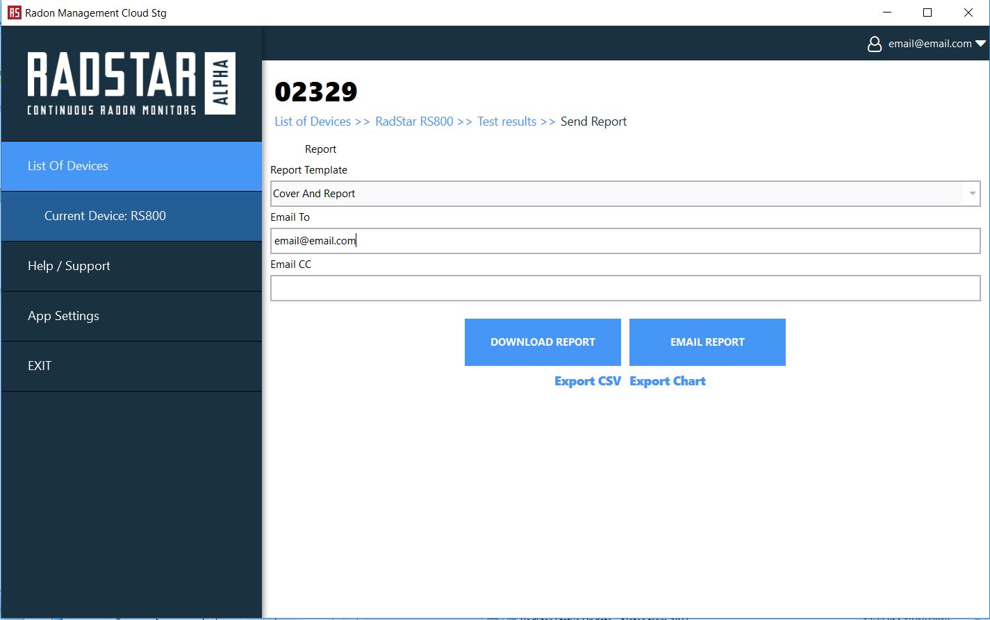 Email Report - RadStar Alpha Radon Monitor - Radon Management Cloud