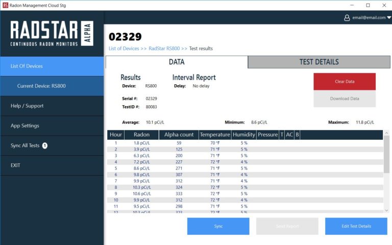 Test Results Screen - RadStar Alpha Radon Monitor - Radon Management Cloud