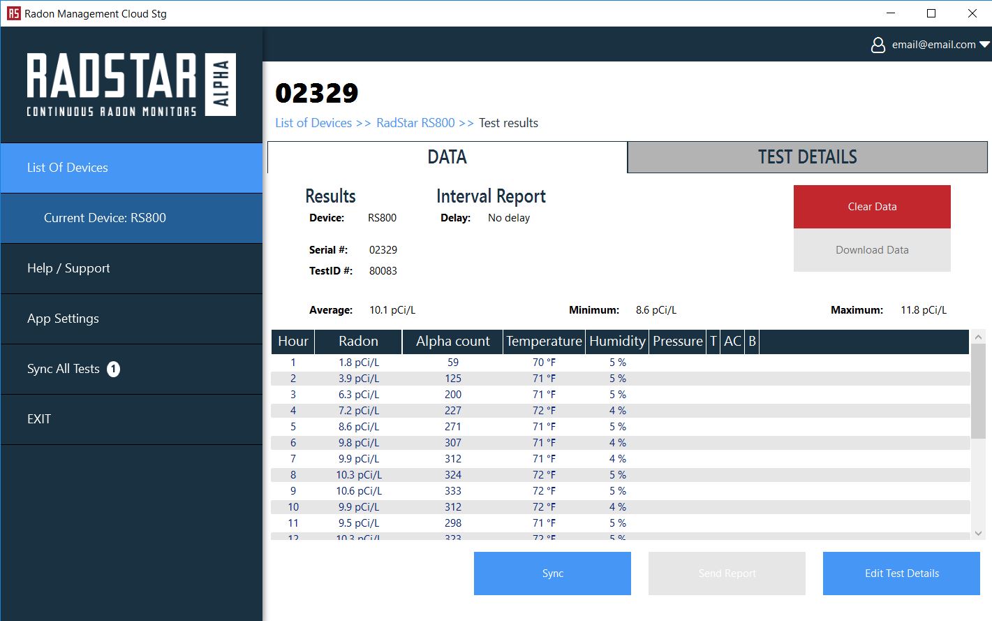 Test Results Screen - RadStar Alpha Radon Monitor - Radon Management Cloud