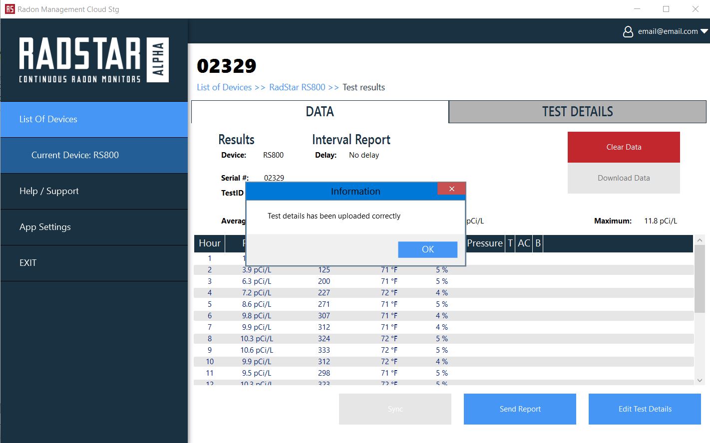 Test Results Screen - RadStar Alpha Radon Monitor - Radon Management Cloud